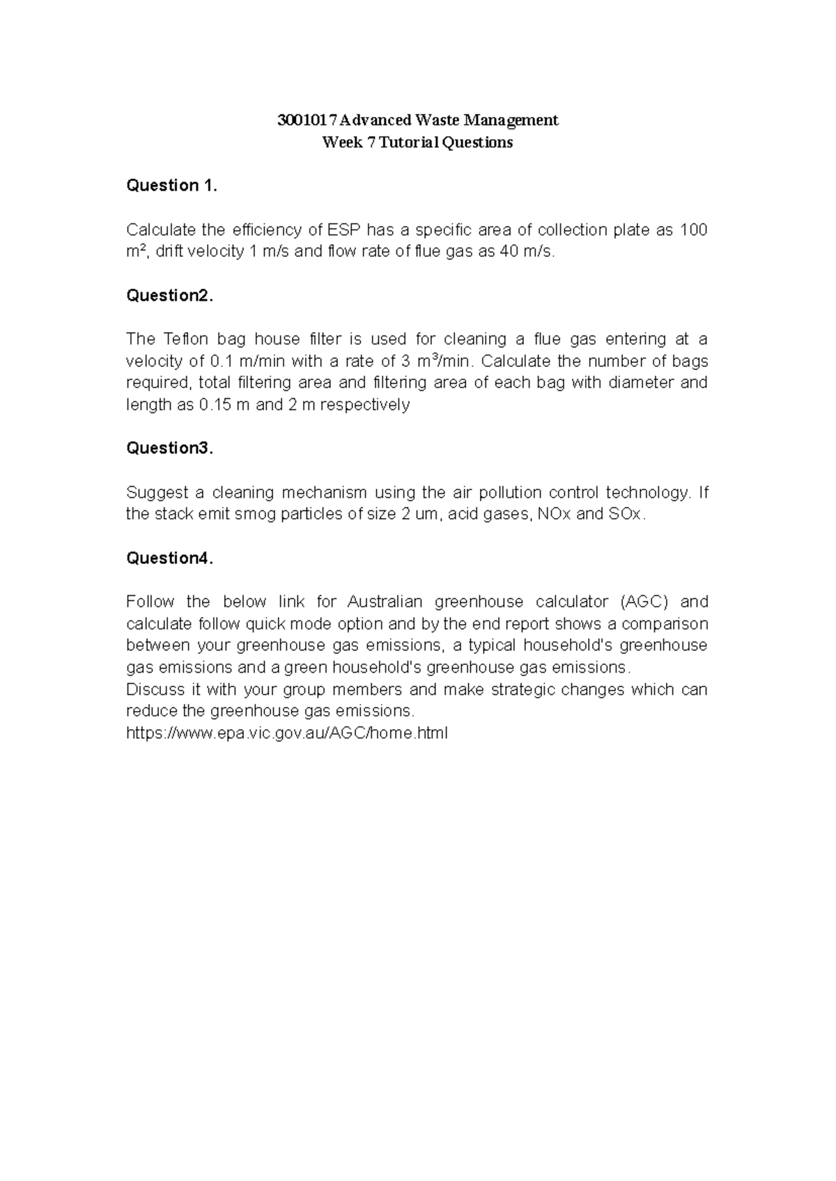 3001017 Advanced Waste Management: Week 7 Tutorial Questions - Studocu