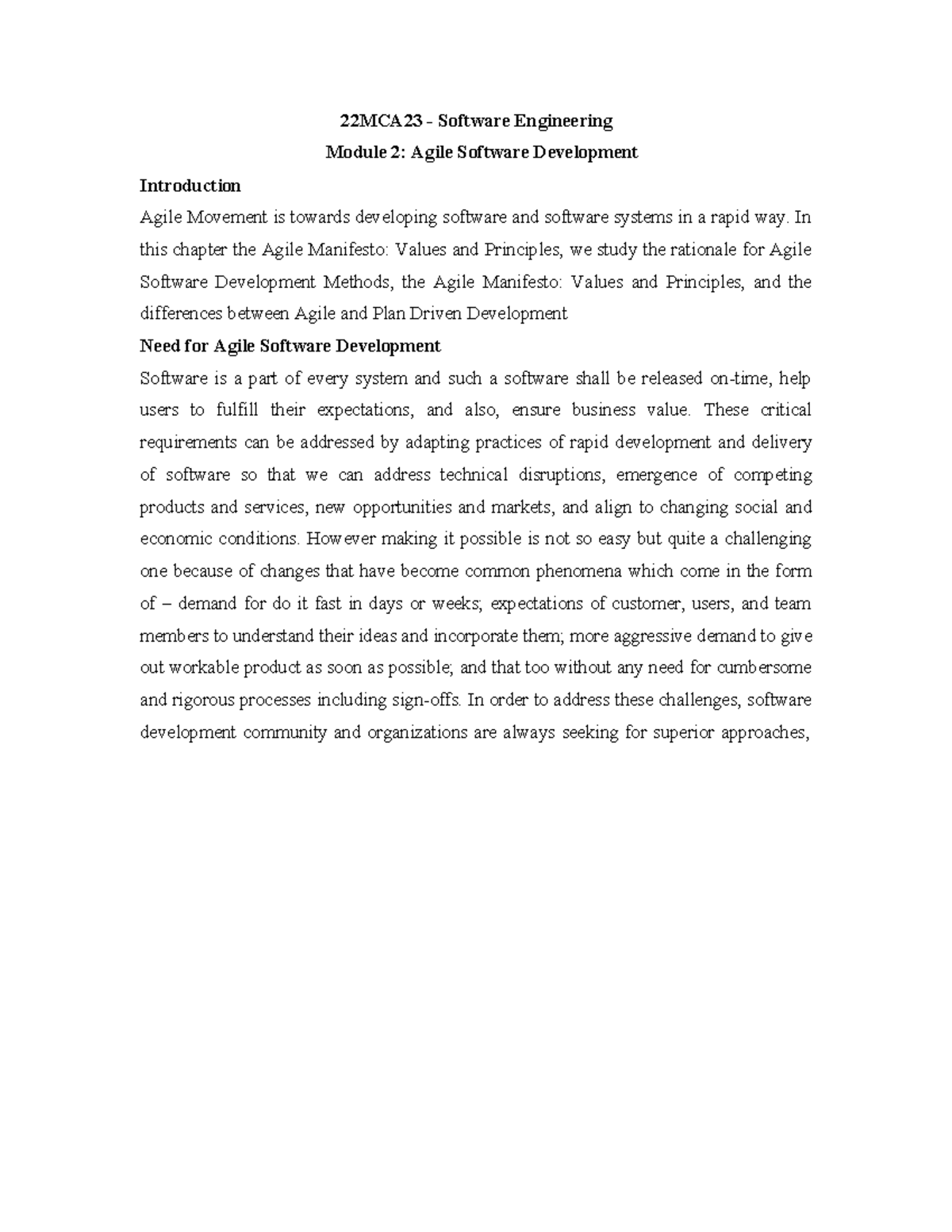 22MCA23 Software Engineering Module 2: Introduction to Agile ...