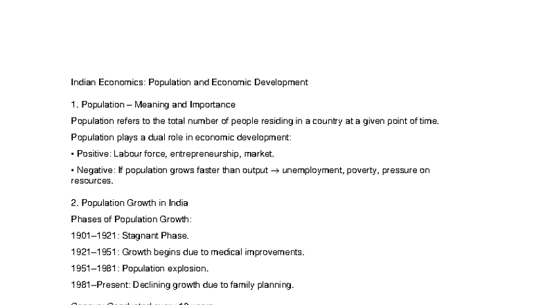 Indian Economics: Population & Economic Development Notes - Studocu