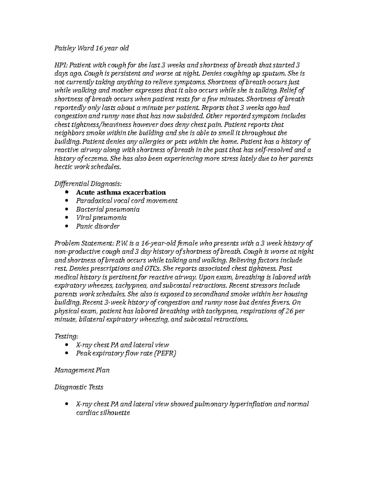 Case Study: Paisley Ward (16 y/o) - Asthma Exacerbation & Management - Studocu