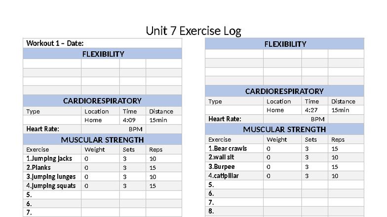 Unit 7 Exercise Log: Flexibility & Cardio Workouts - Studocu