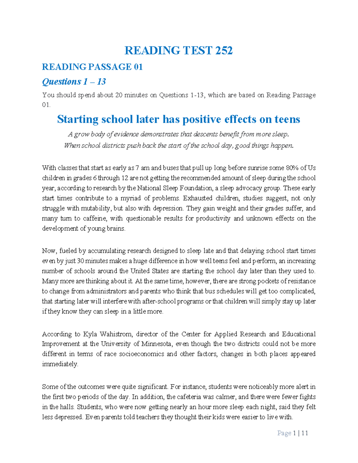 Reading Test 252: Impact of Later School Start Times on Teens - Studocu