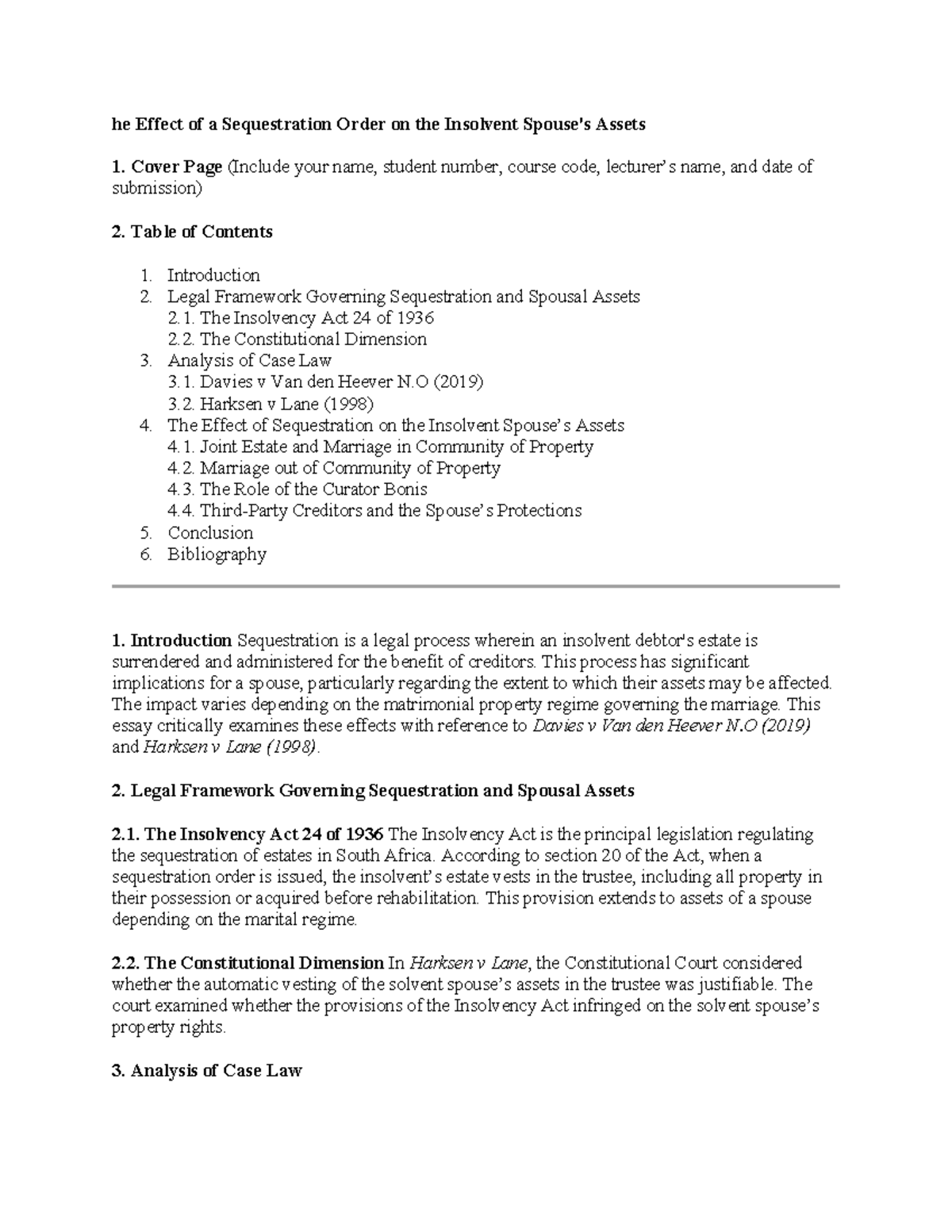 The Impact of Sequestration Orders on an Insolvent Spouse's Assets ...