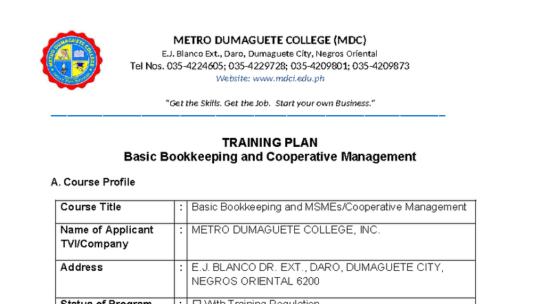 Training Plan: Basic Bookkeeping & Cooperative Management (MDC) - Studocu