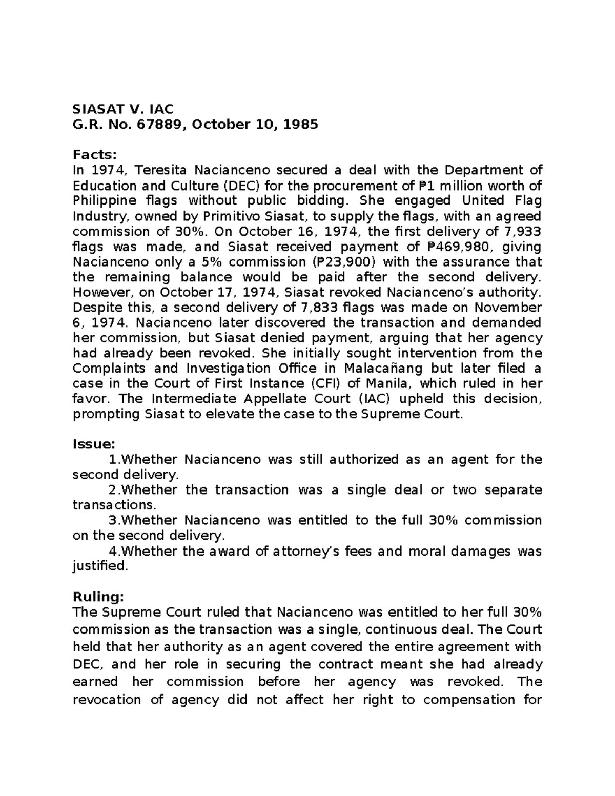 Lininding CD#1 - hhh - SIASAT V. IAC G. No. 67889, October 10, 1985 ...