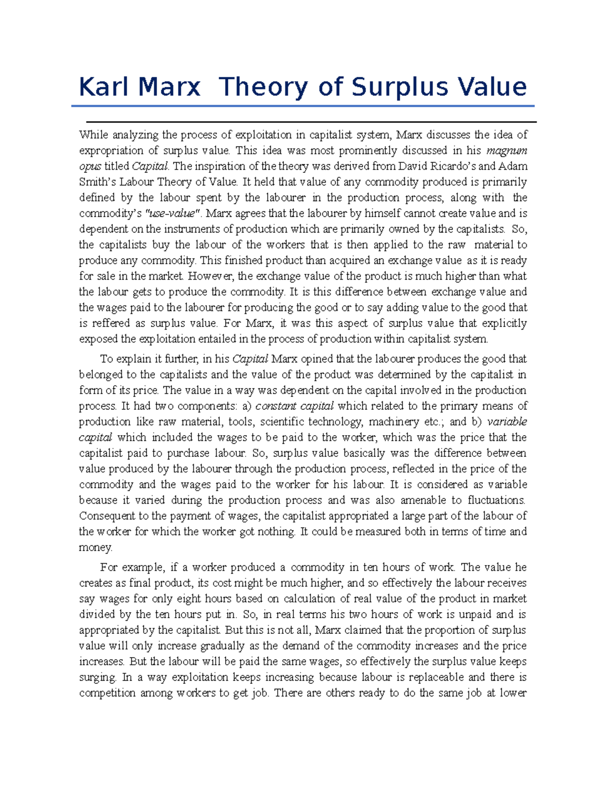 Karl Marx Theory of Surplus Value - This idea was most prominently ...