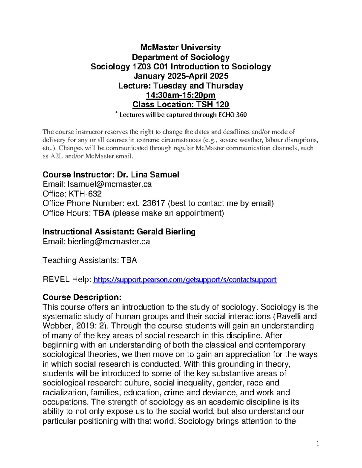 Sociology 1Z03 C01 Winter 2025 Course Outline & Key Info - Studocu