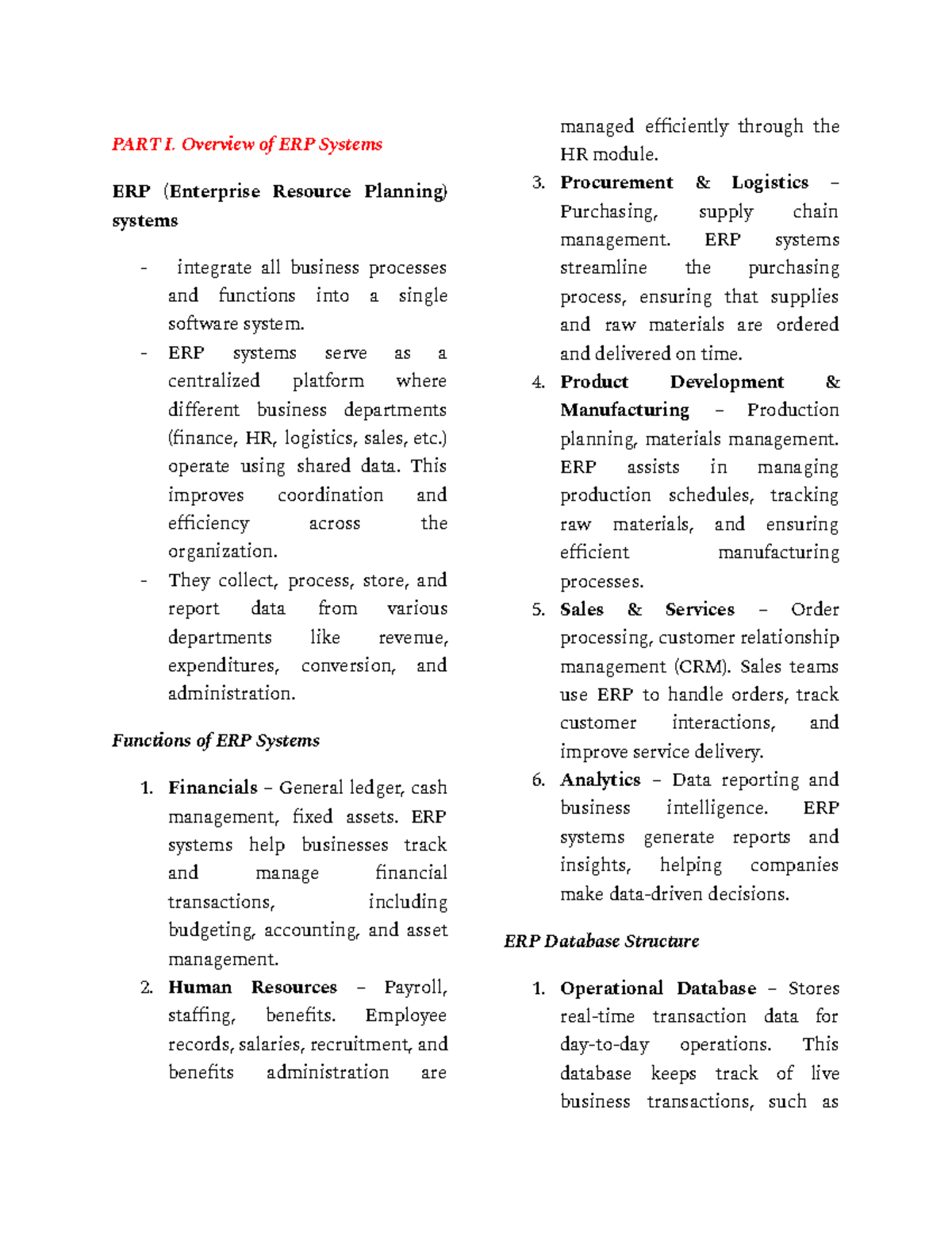 ERP- Handout - ais - PART I. Overview of ERP Systems ERP (Enterprise Resource Planning) systems ...