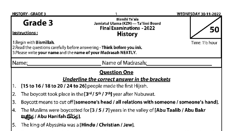 HISTORY GRADE 3 FINAL EXAM 2022 - Jamiatul Ulama (KZN) - Studocu
