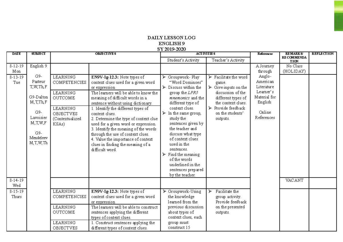 Aug. 12-16 - Contextualized Lesson Plan for 2nd Quarter - DAILY LESSON ...