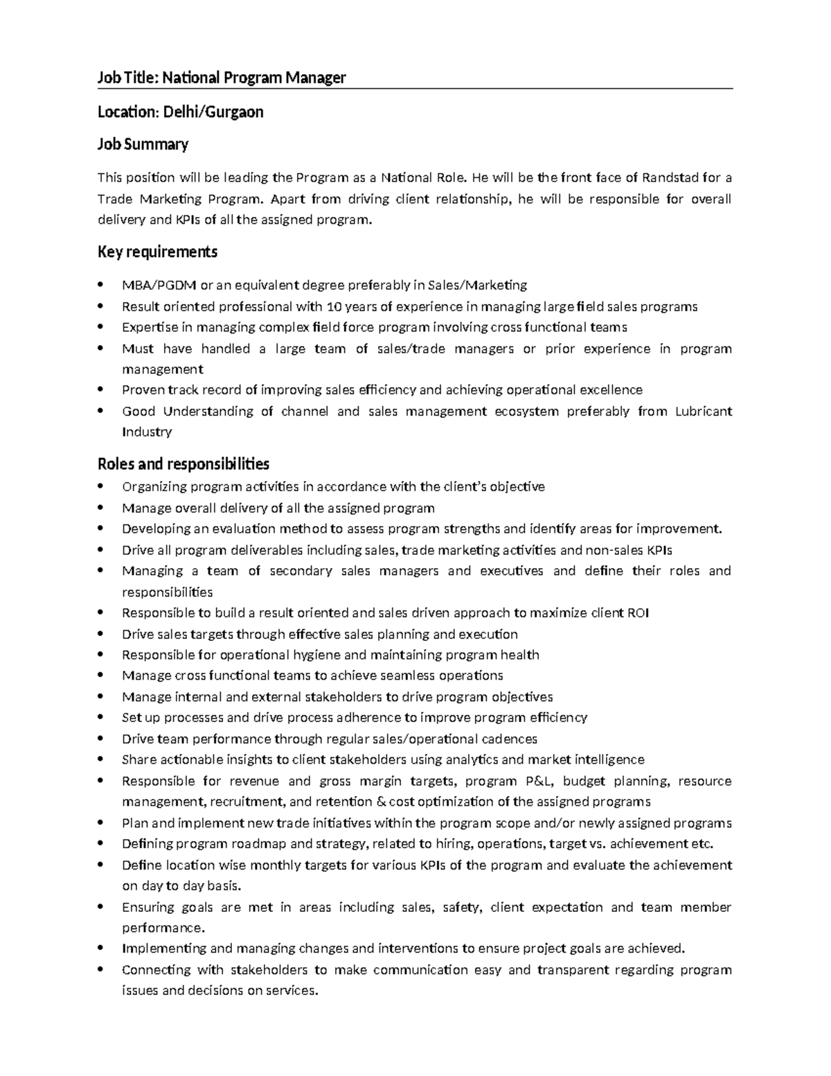 JD for National Program Manager - Gulf Role Overview - Studocu