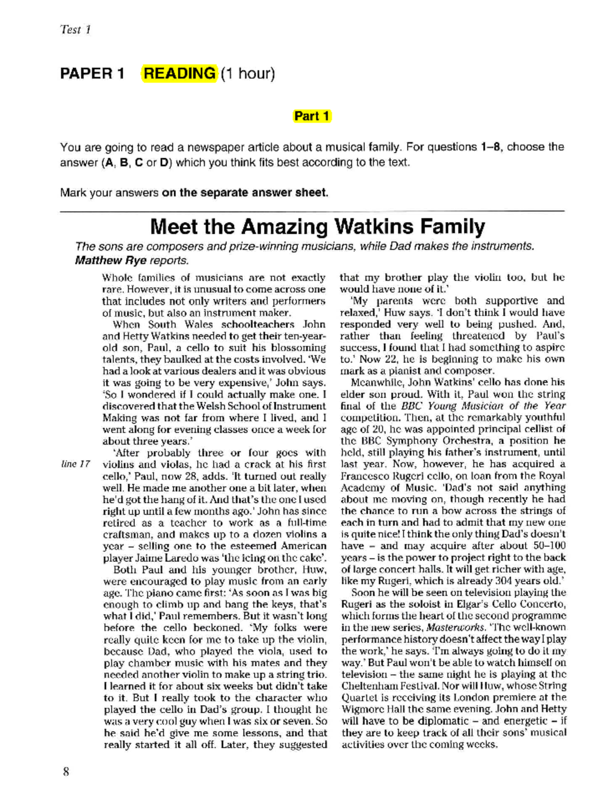 Test 1 Paper 1 Reading: The Amazing Watkins Family and Their Musical ...