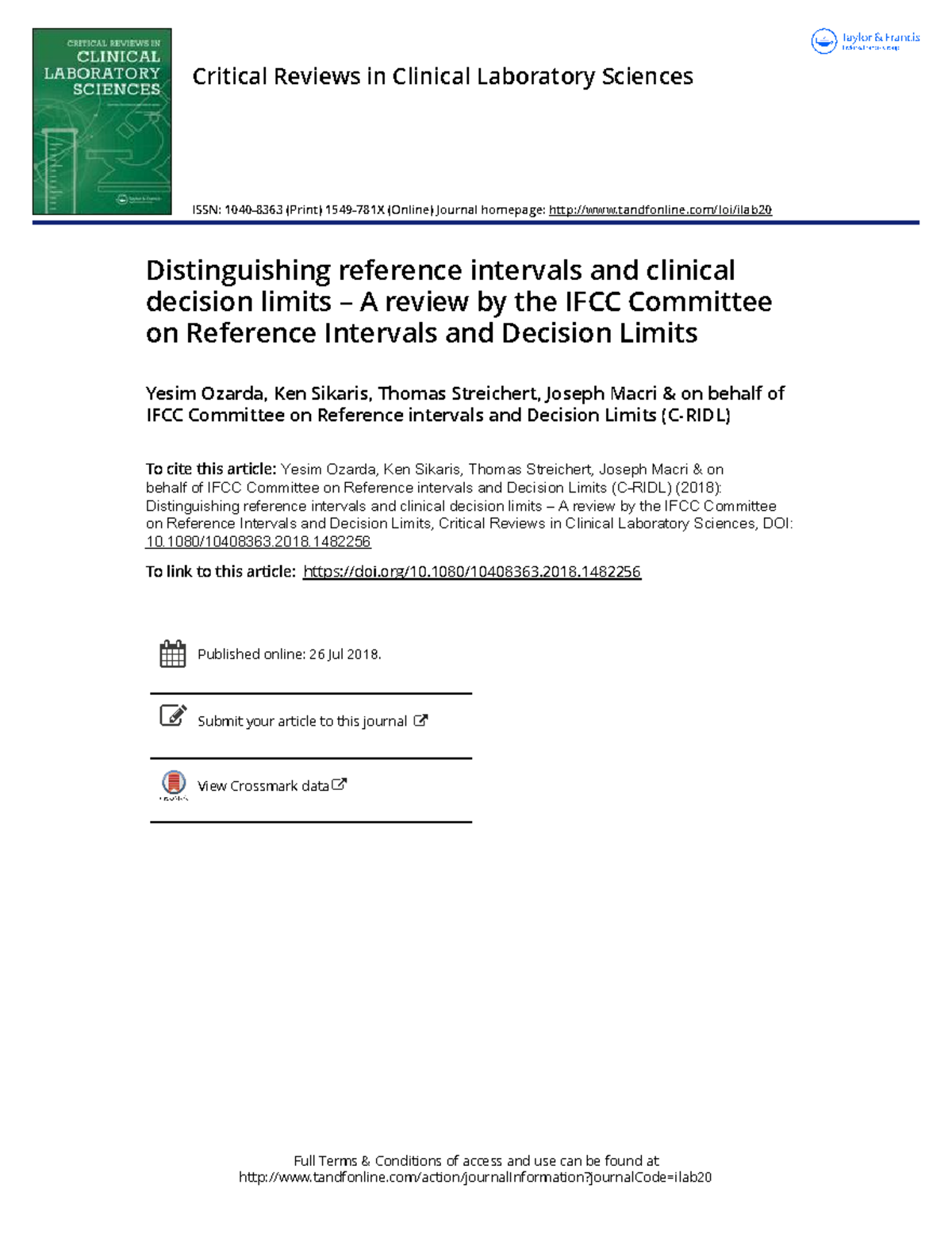 Distinguishing Reference Intervals and Clinical Decision Limits: A ...