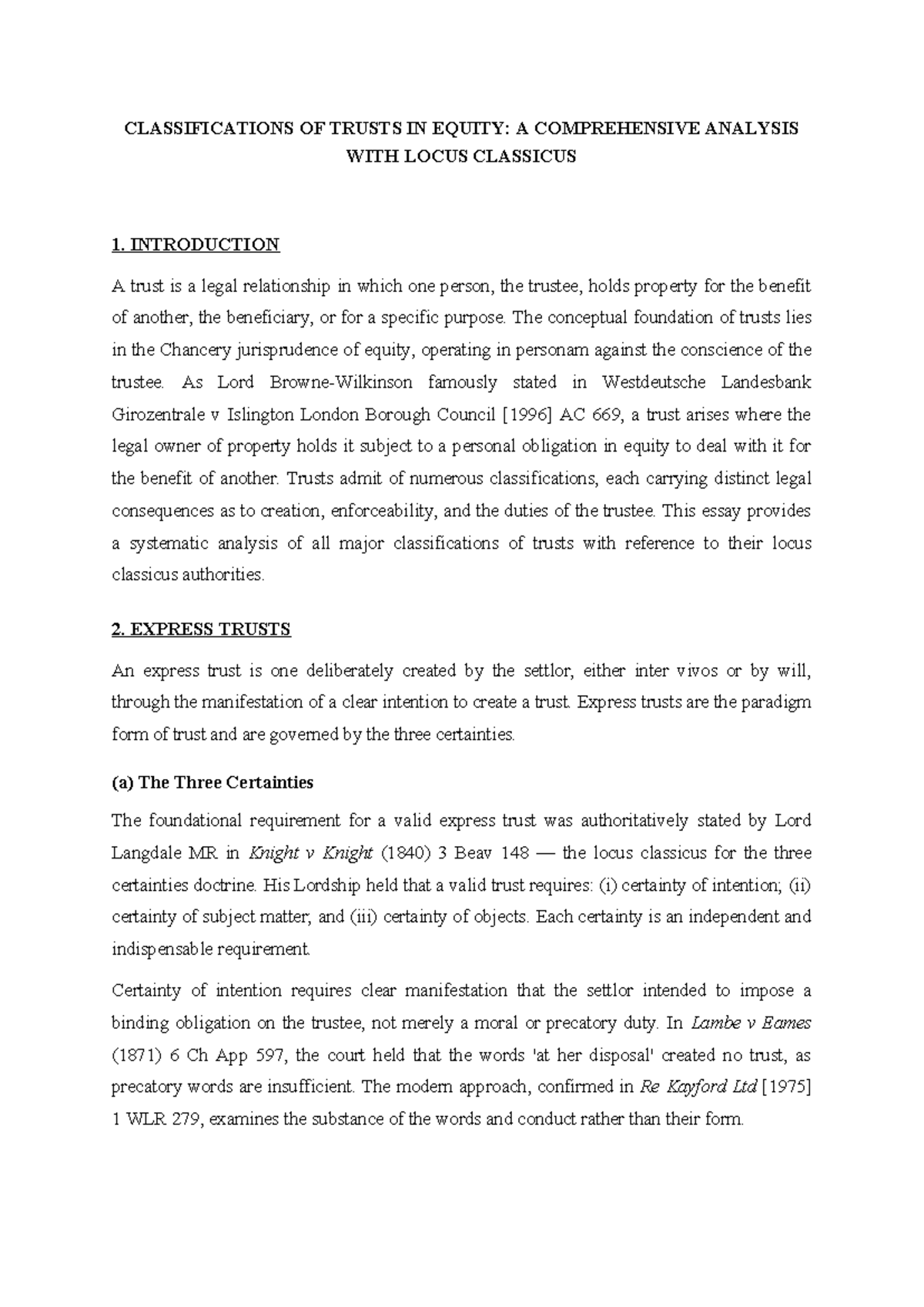 Classifications of Trusts in Equity: A Detailed Study on Legal ...