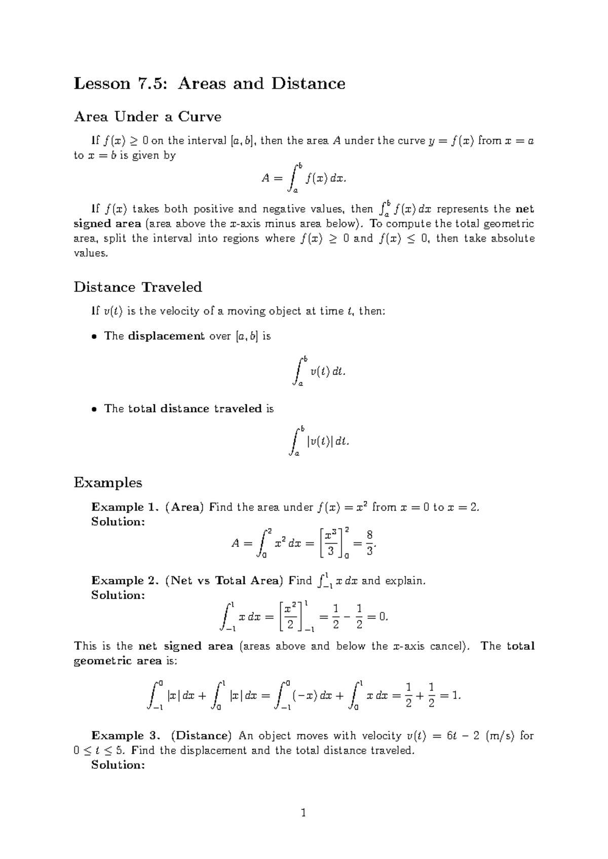 Math 108: Lesson 7.5 - Areas and Distance Under a Curve - Studocu