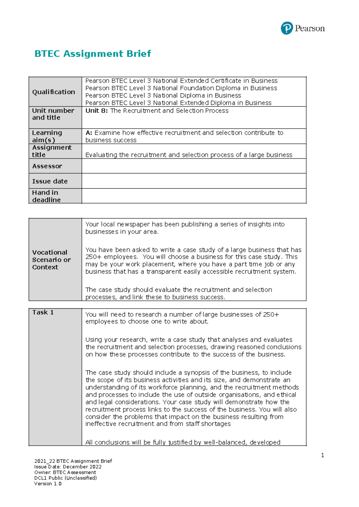 BTEC Business Unit 8: Evaluating Recruitment & Selection Processes ...