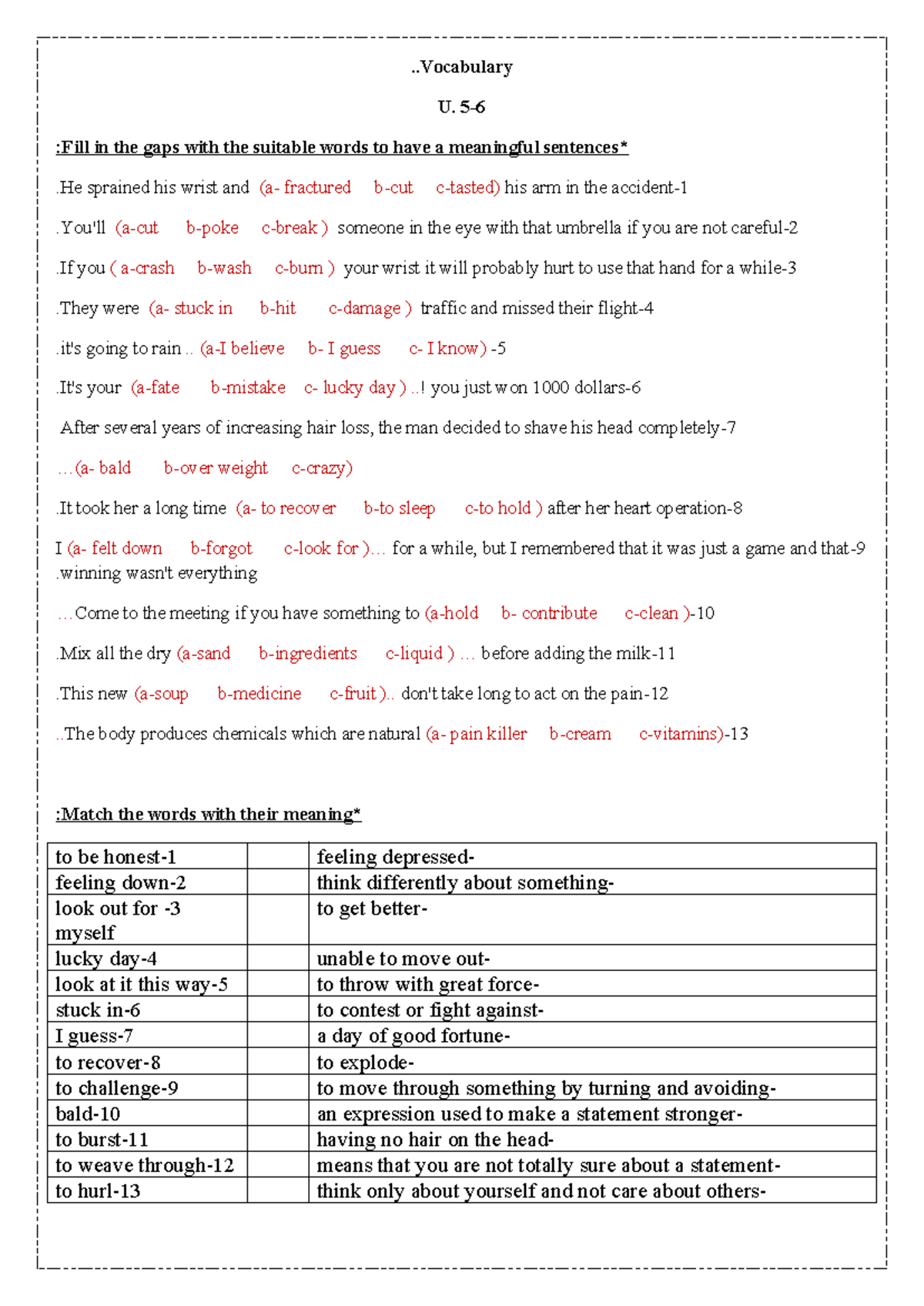 Vocabulary U.5 - 6: Fill in the Gaps for Meaningful Sentences - Studocu