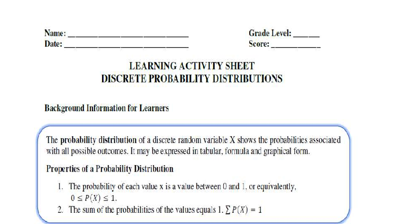 Discrete Probability Distributions Activity Sheet - Learning Competency ...