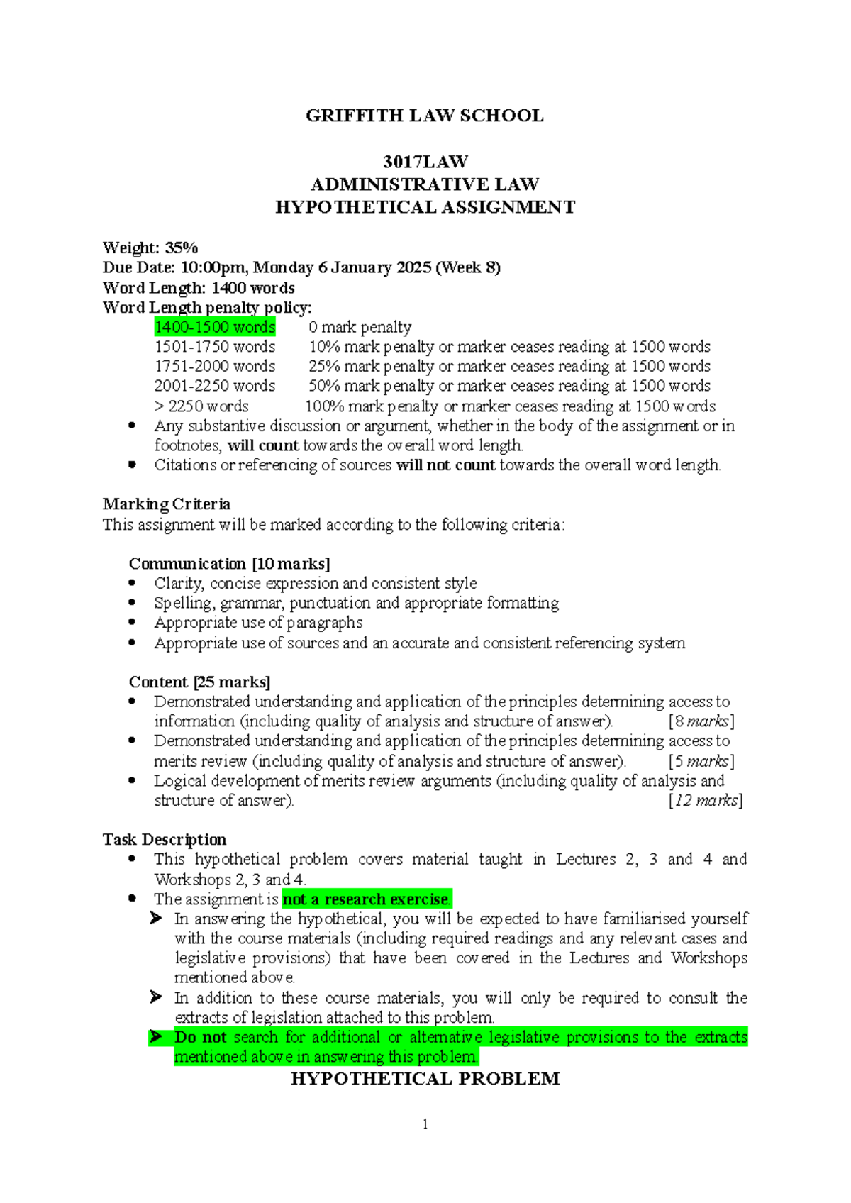 3017LAW - Hypothetical Assignment - T3 2024 - GRIFFITH LAW SCHOOL 3017LAW ADMINISTRATIVE LAW ...