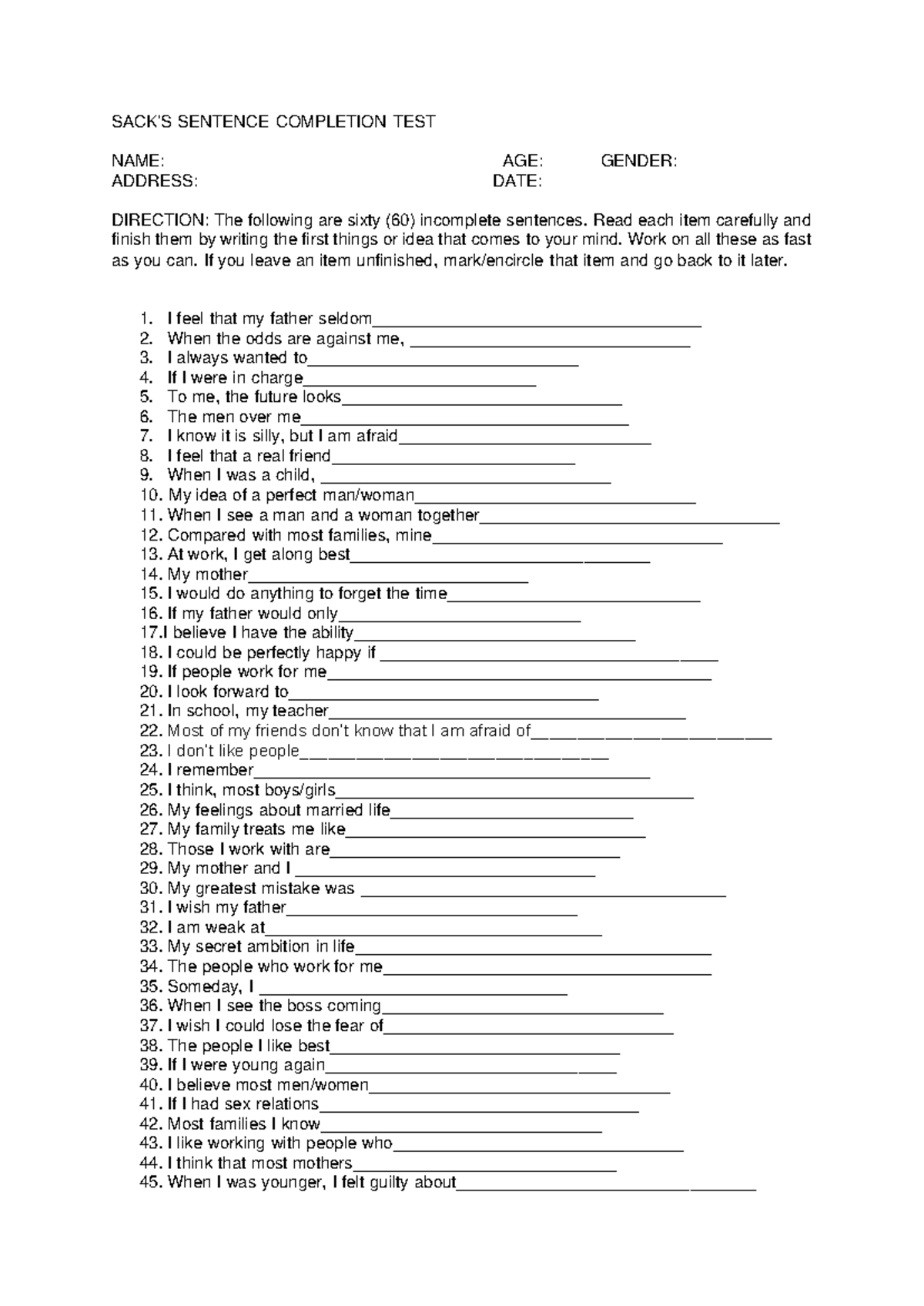 SENTENCE COMPLETION TEST (SSCT) - Incomplete Sentences Exercise - Studocu