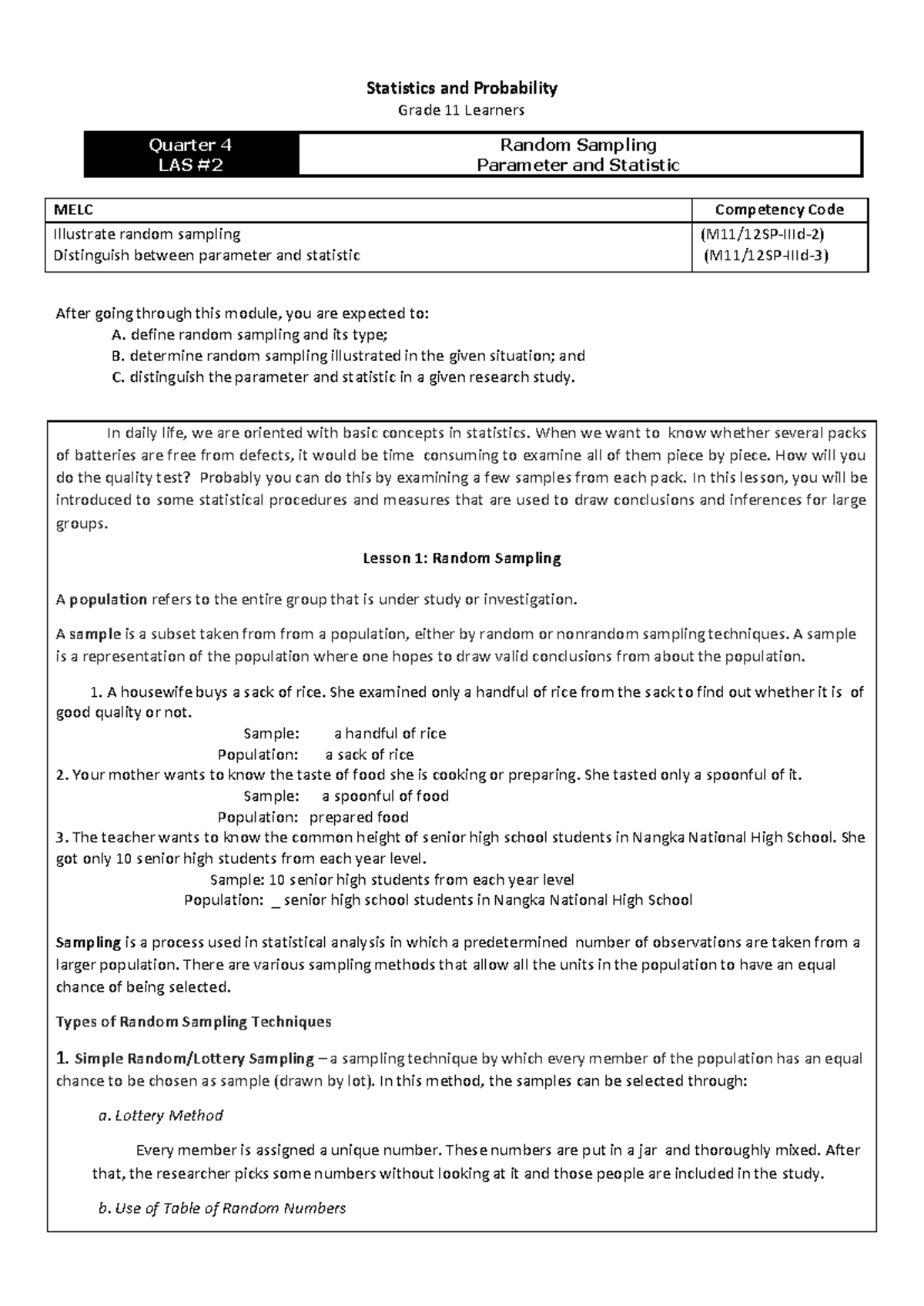 Statistics and Probability Lesson: Random Sampling & Data Analysis Q4 ...