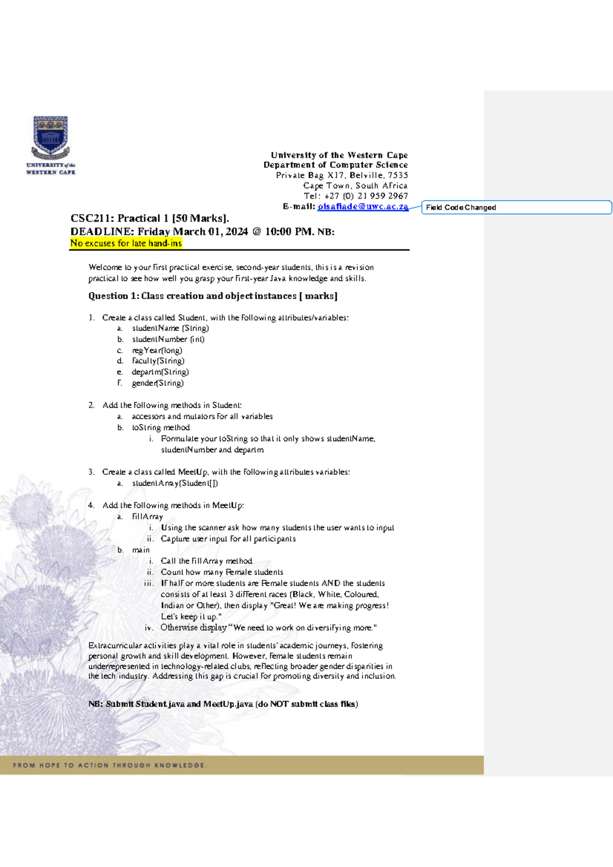 CSC211-Practical 1: Java Class Creation and File Manipulation - Studocu
