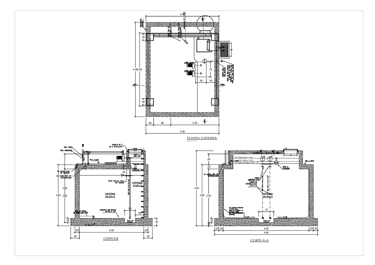 TANQ Y CIST - sistema de tanque y cisterna - CORTE A-A ####### Niv. Ingreso Agua = +1. A A B B ...