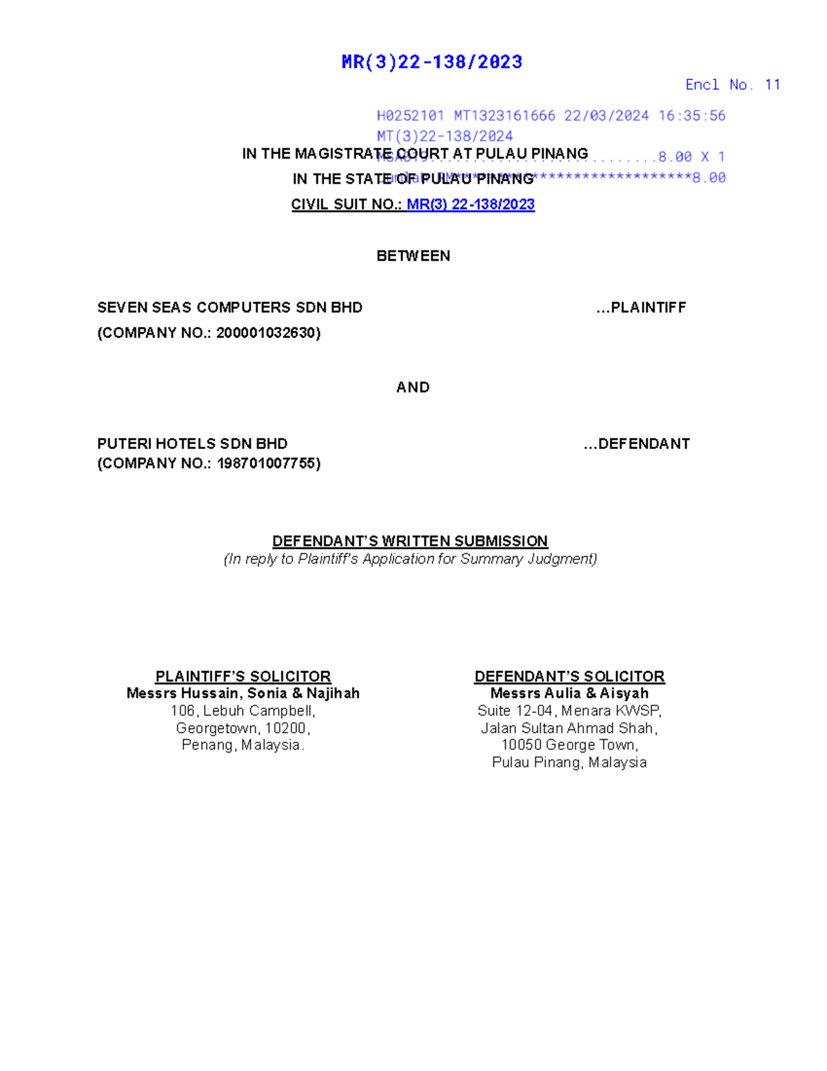 11. D Written Submission - MR(3)22-138: Defendant's Response to Plaintiff's Claim - Studocu