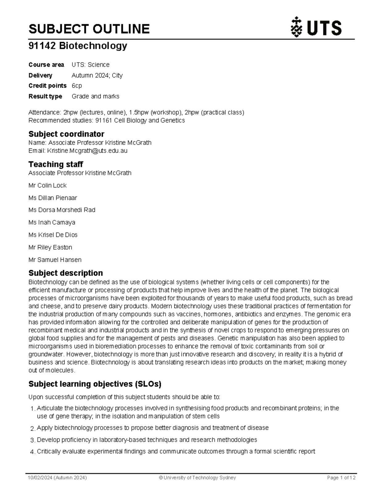 Biotechnology Course Outline 91142 - Autumn 2024 - Studocu