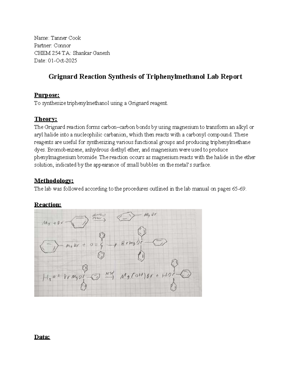 CHEM 254 Grignard Reaction Lab Report: Synthesis of Triphenylmethanol ...