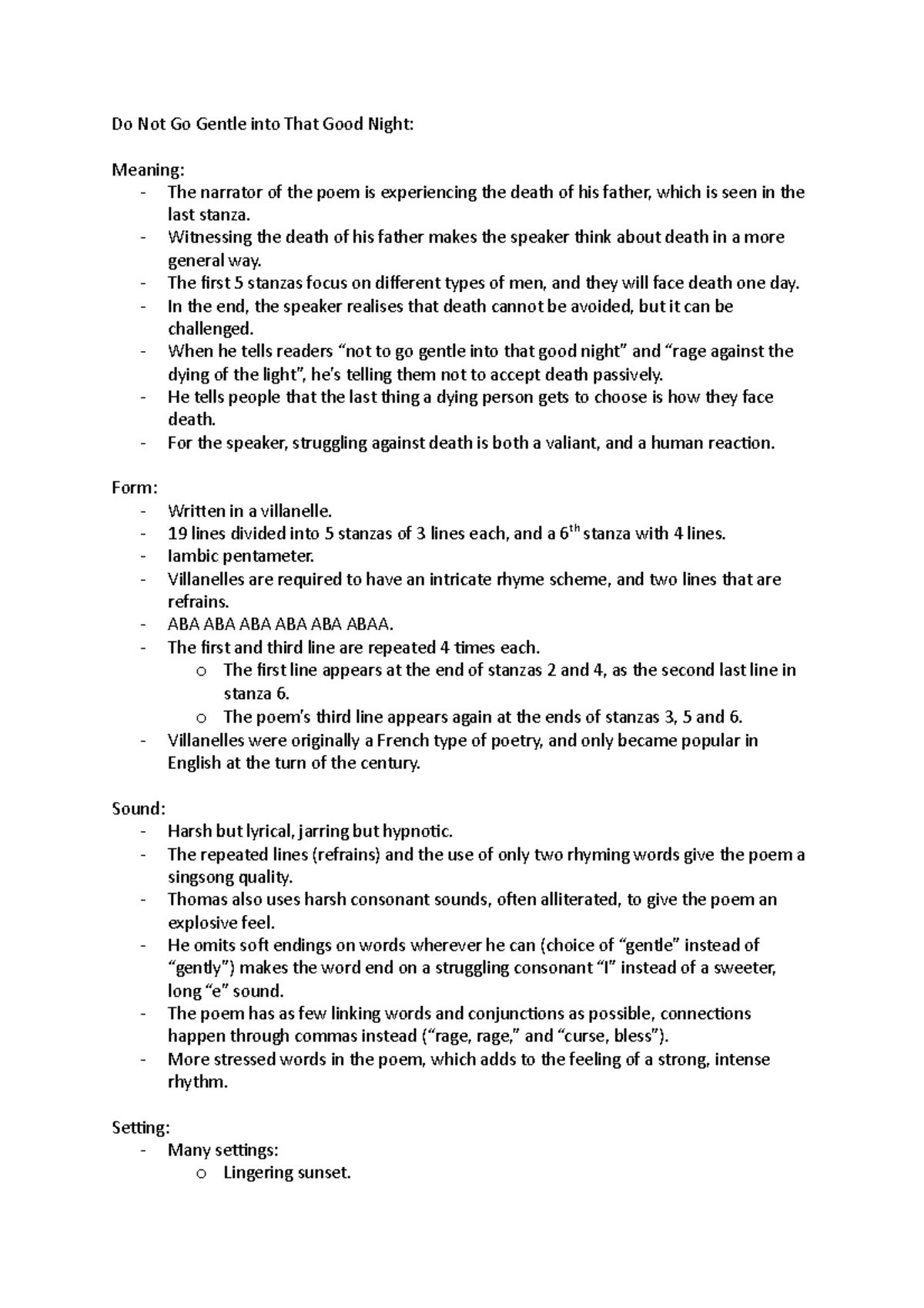Final Exam Notes on "Do Not Go Gentle into That Good Night" - Studocu