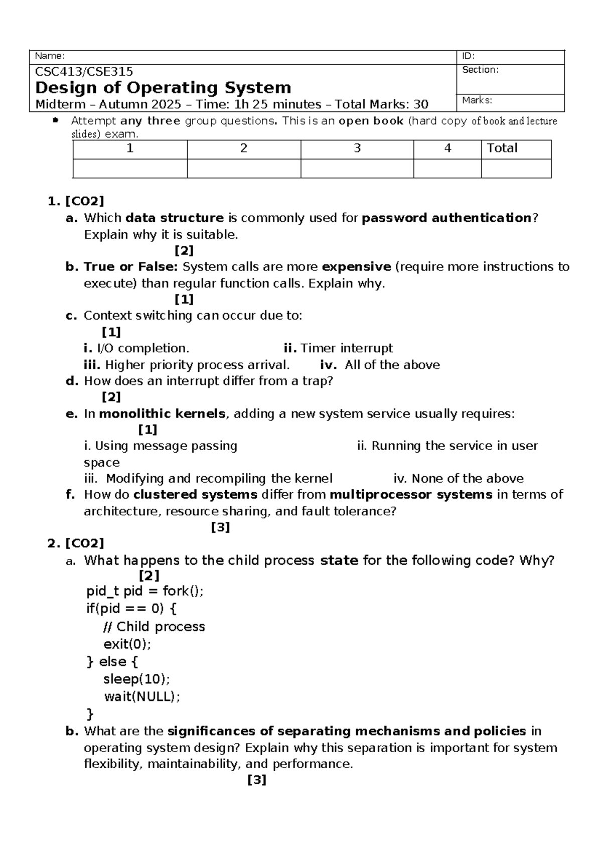 IUB Design of Operating System Midterm Questions - Autumn 2025 - Studocu