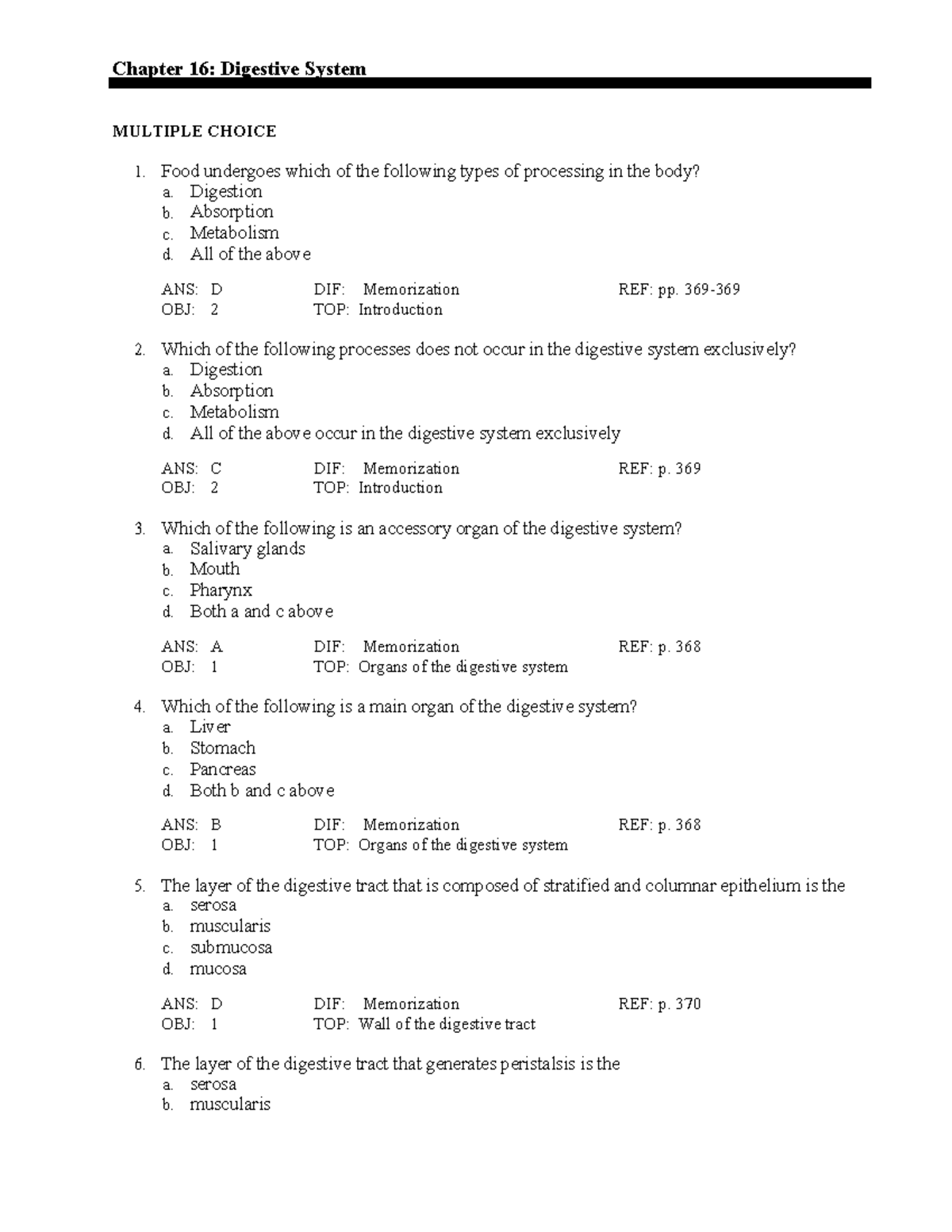 Anatomy CH16: Digestive System Test Bank - Multiple Choice Questions ...