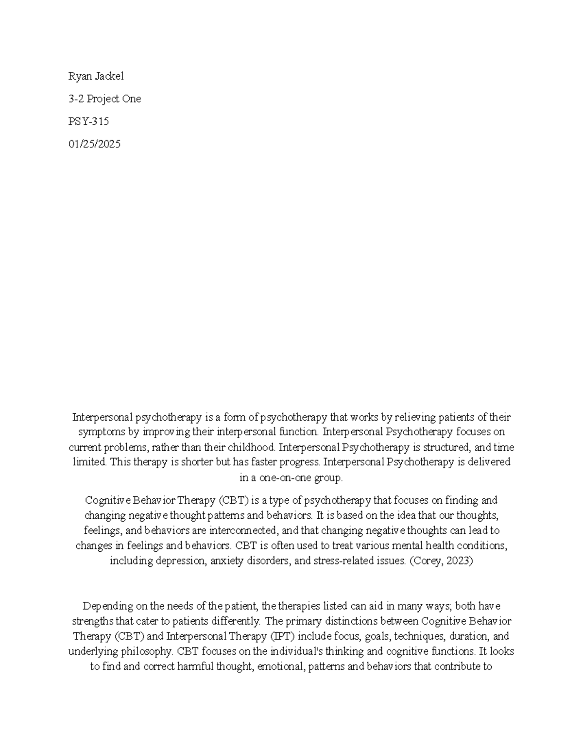 Psy-315 Project One: Comparing CBT and IPT in Psychotherapy - Studocu