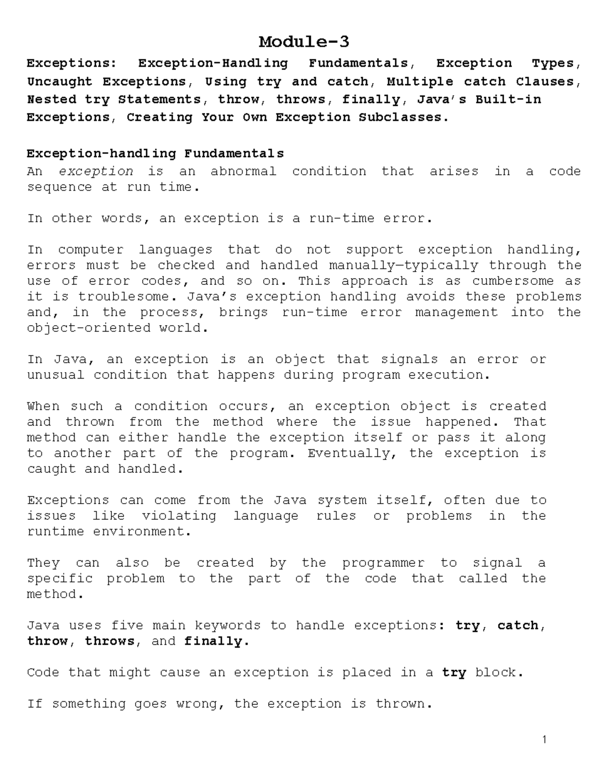 Module 3 JAVA: Understanding Exception Handling Fundamentals and ...