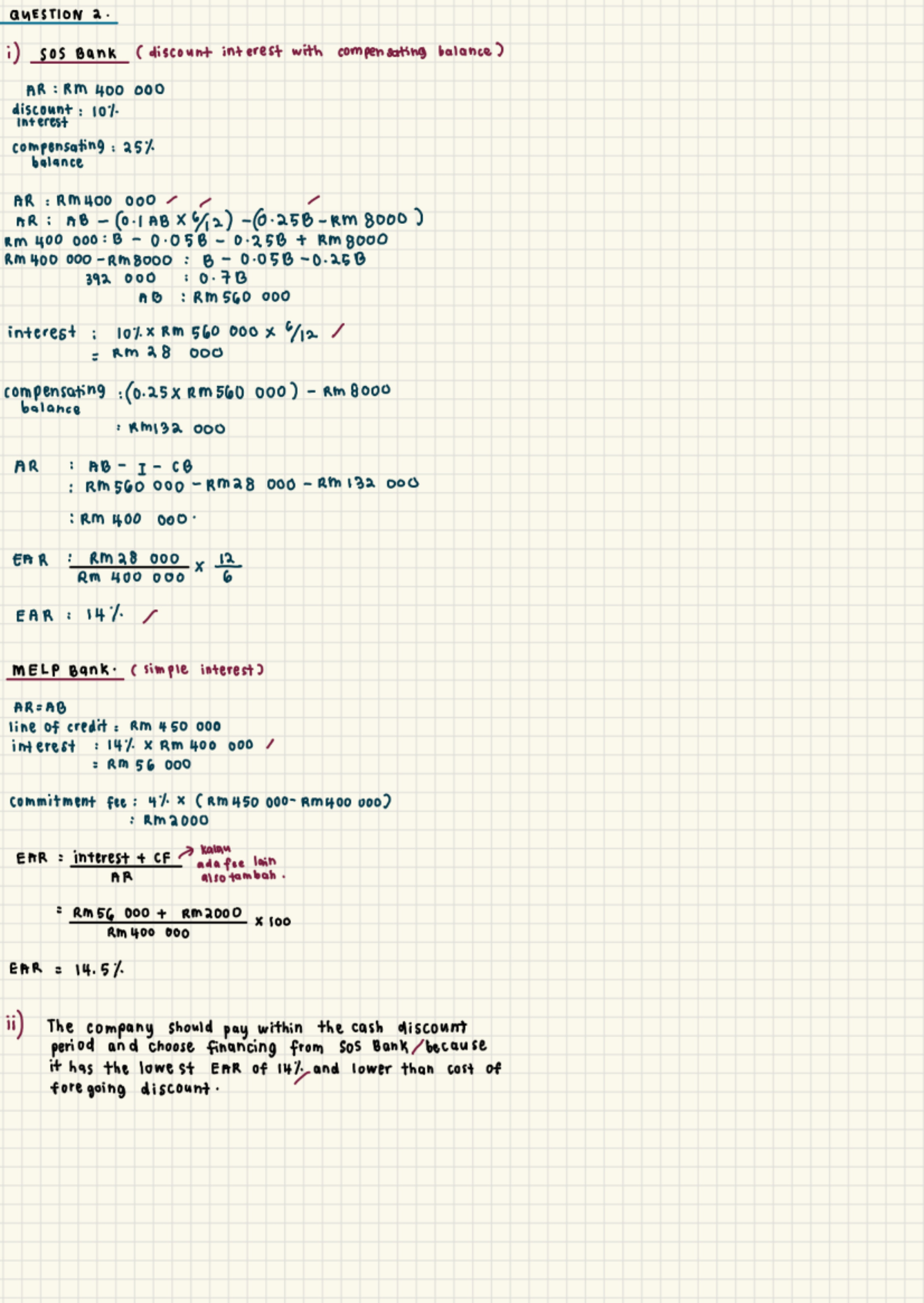 PYQ JULY 25 Q2 MAF253: SOS Bank Interest & Compensating Balance ...
