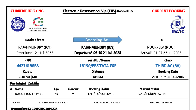 Electronic Reservation Slip for Train Booking (PNR: 4422413685) - Studocu