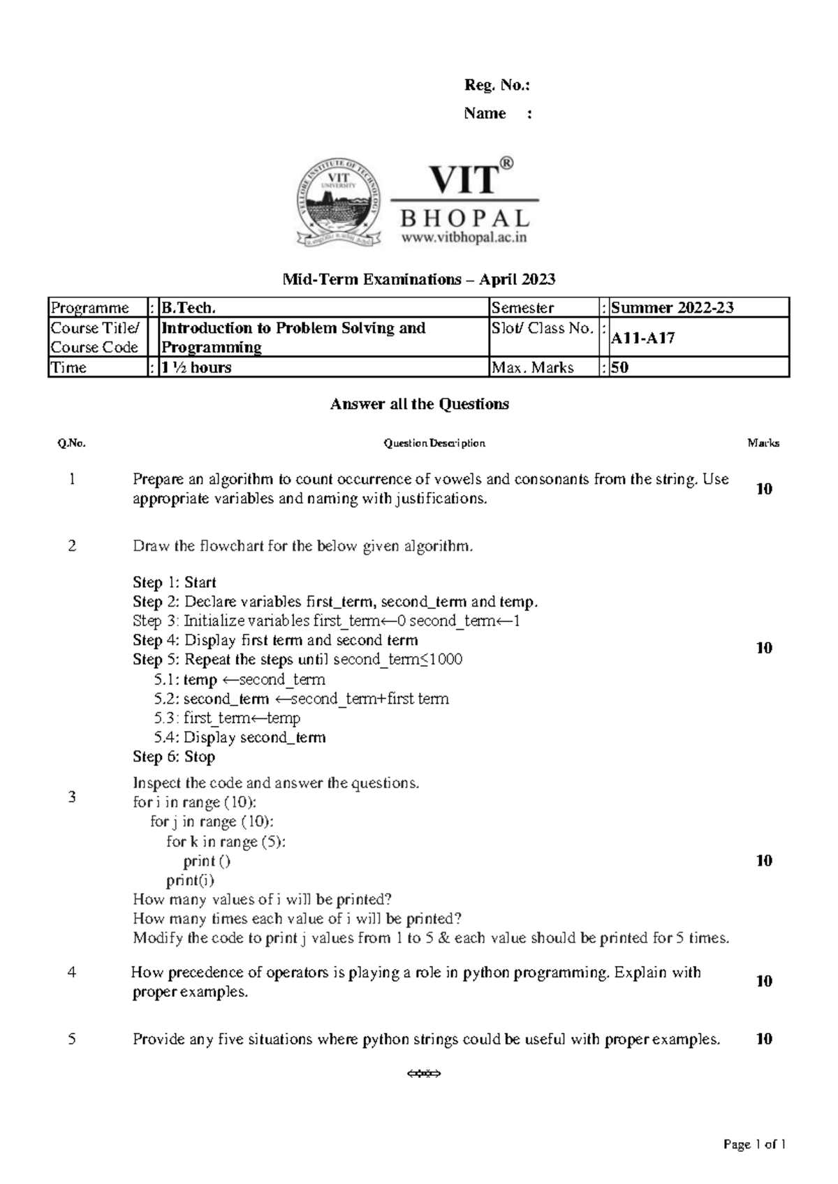 A11-A17 CSE1021 IPSP Mid Term Exam April 2023 - Problem Solving - Studocu