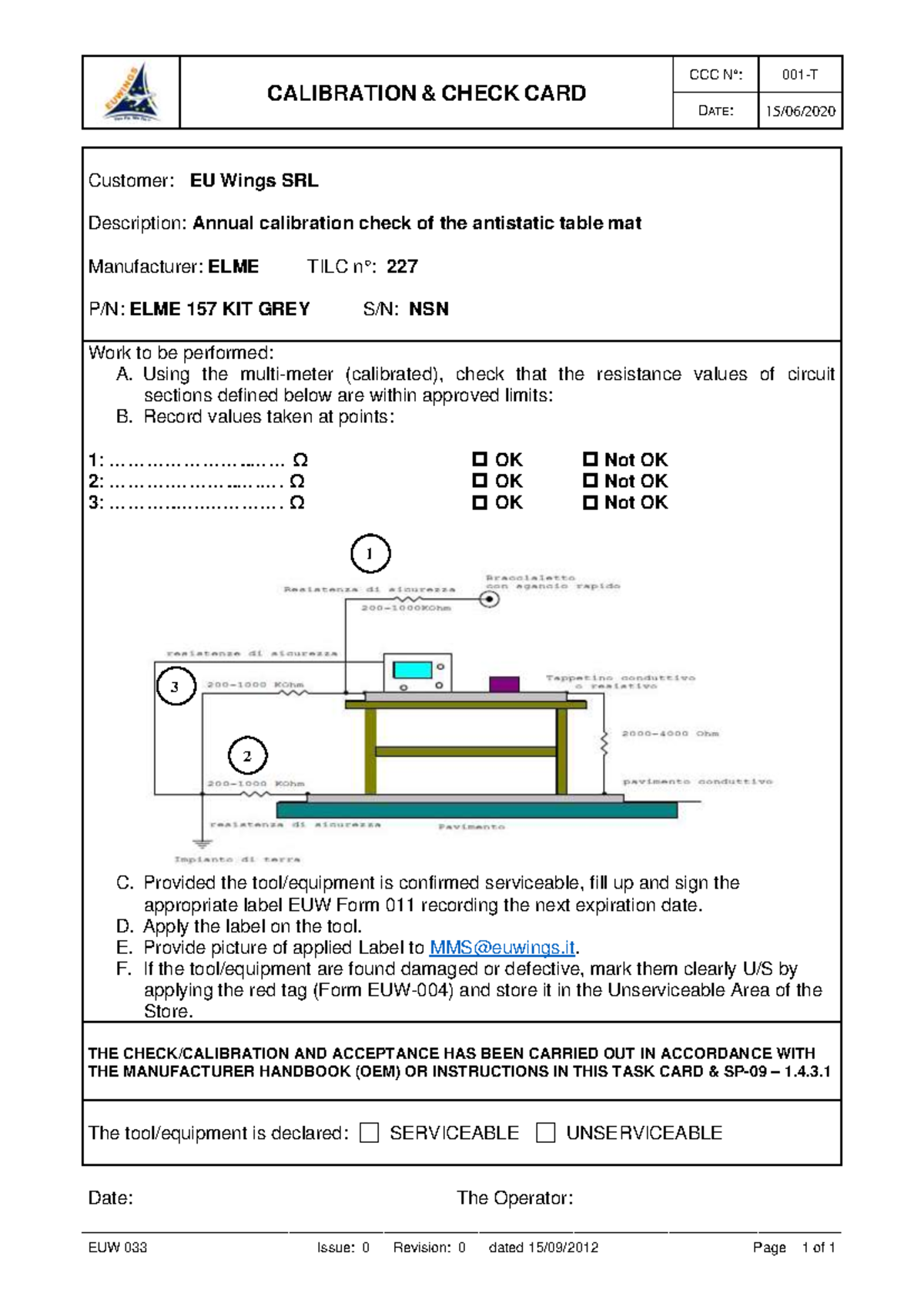 001T - ESDS Mat Calibration Check Card for EU Wings SRL - Studocu
