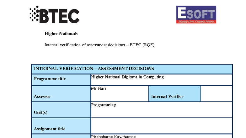 Higher Nationals Programming Unit 01: Internal Verification & Feedback - Studocu