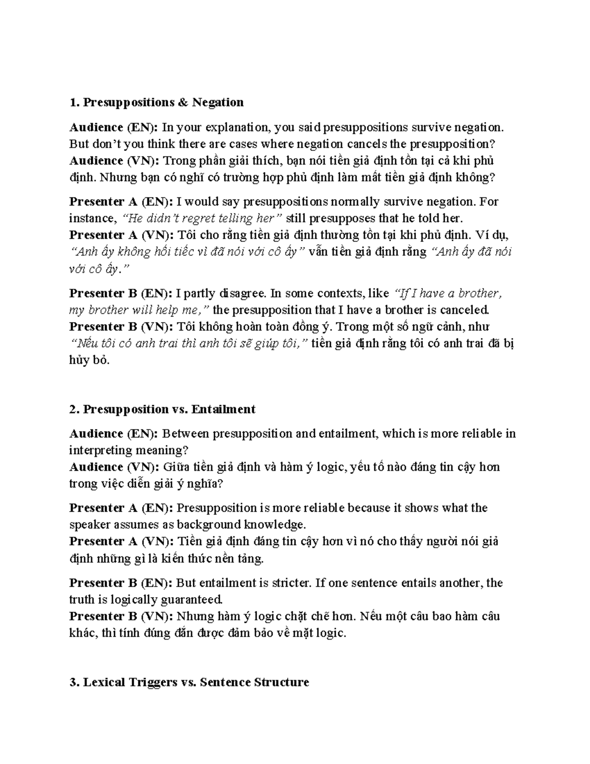 Câu hỏi thảo luận: Tiền giả định và hàm ý logic (EN-VN) - Studocu
