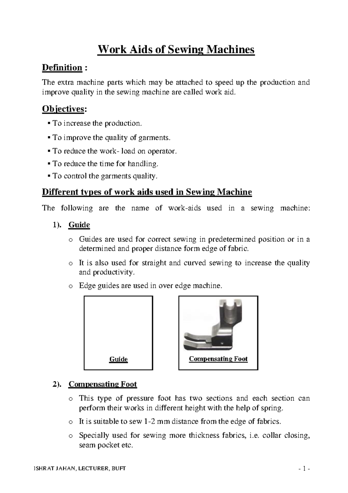 Work Aids in Sewing Machines: Enhancing Production & Quality - Studocu
