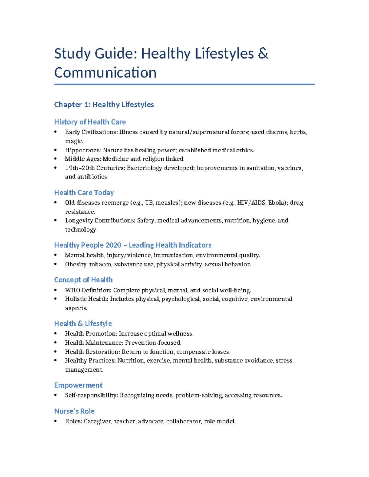 Study Guide: Healthy Lifestyles Comm. Ch. 1 & 2 Overview and Key ...