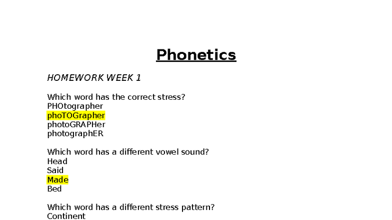 Phonetics HW - Week 1: Stress Patterns & Vowel Sounds - Studocu