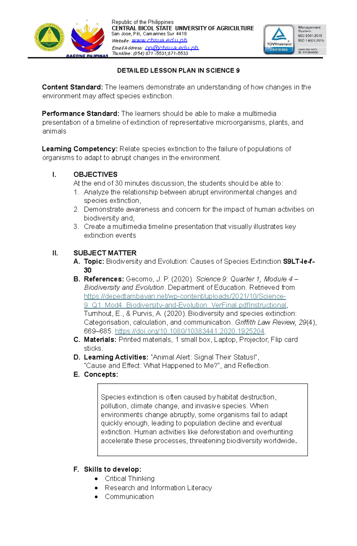Detailed Lesson Plan in Science 9: Understanding Species Extinction ...
