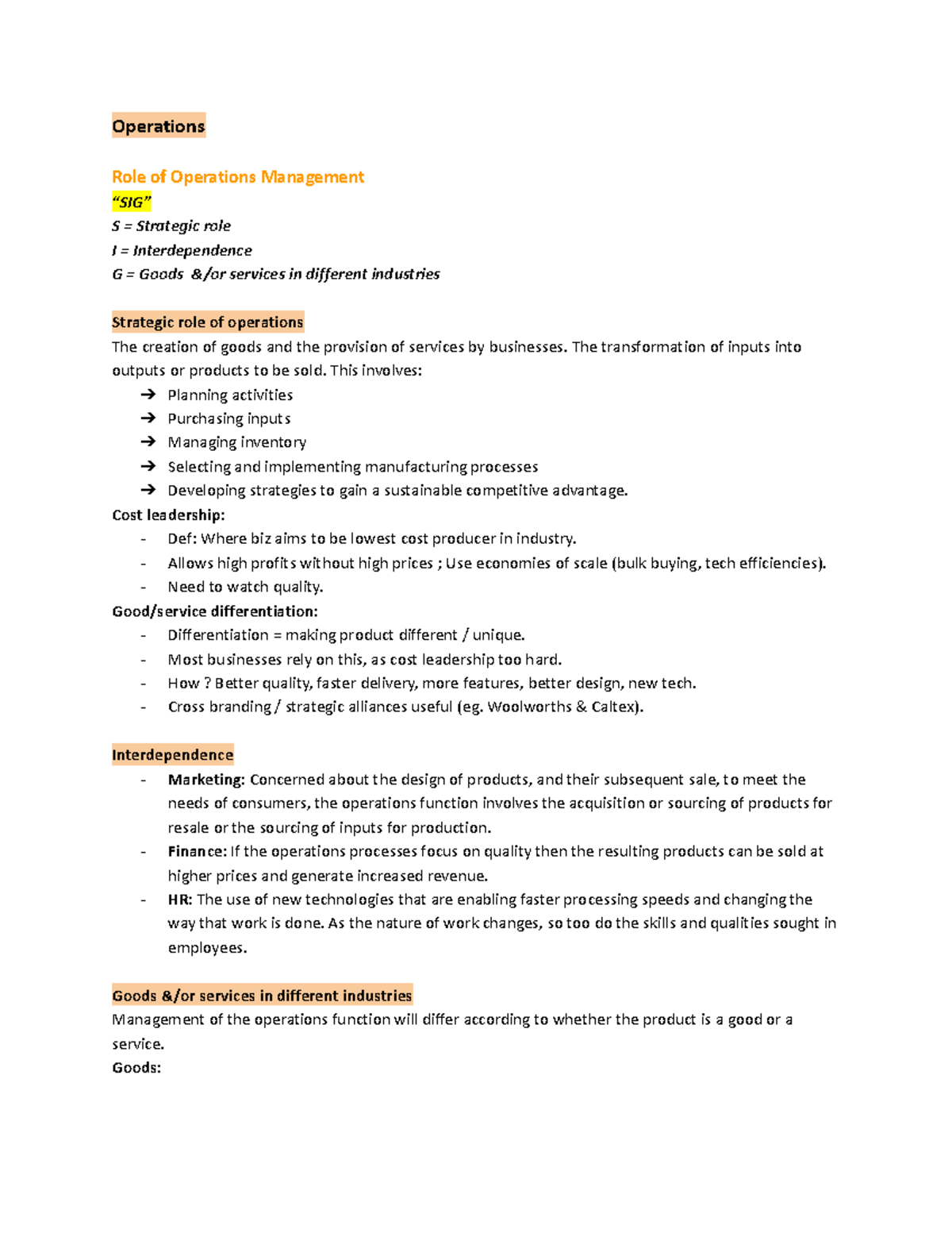 Business Studies - Operations Management: Strategic Roles ...