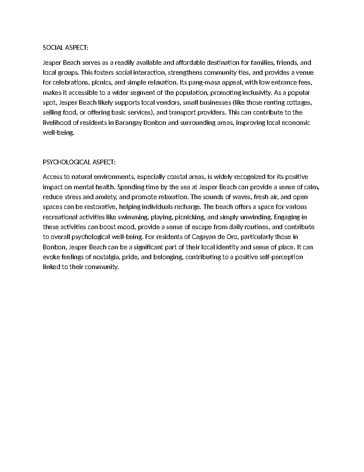 SOC 101: Social and Psychological Benefits of Jesper Beach - Studocu