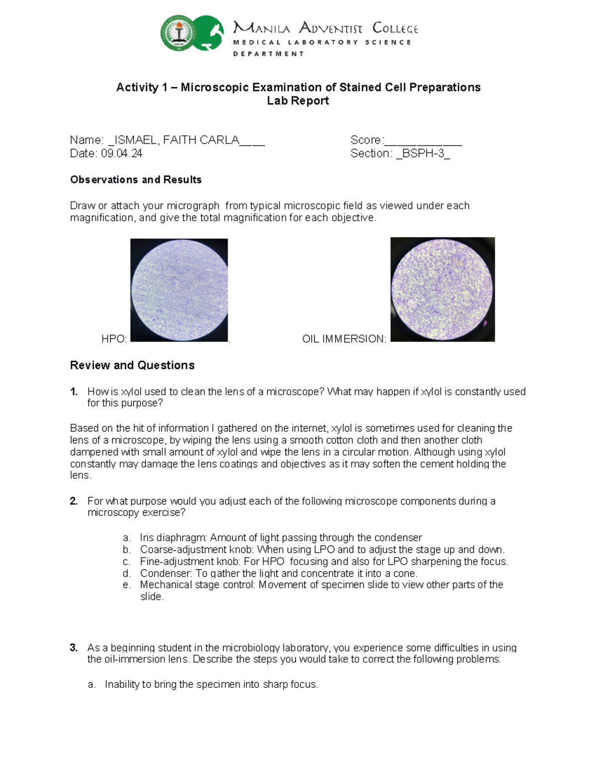 BSPH-3 Lab Report: Microscopic Examination of Stained Cell Preparations ...