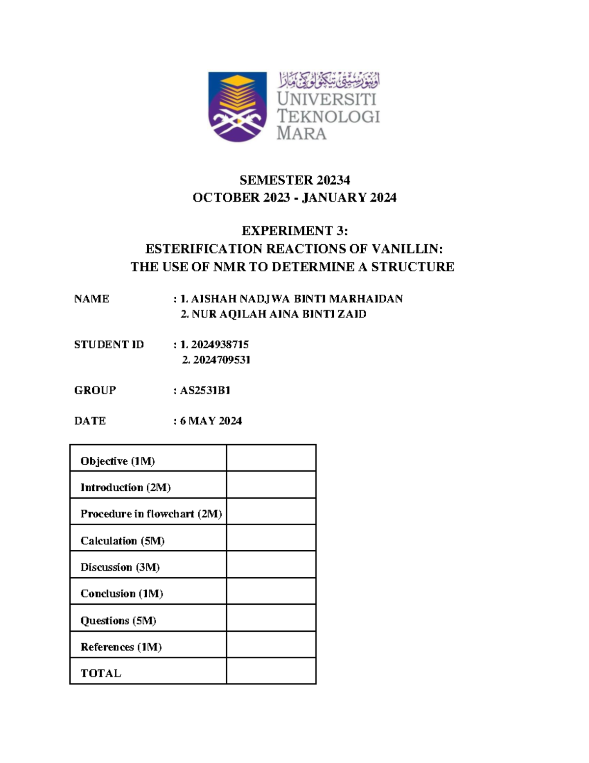 AS2531B1 Experiment 3: NMR Analysis of Vanillin Esterification - Studocu