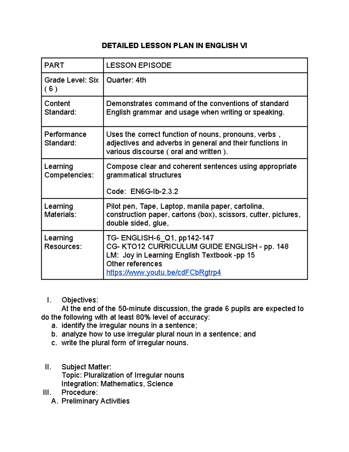 Detailed Lesson Plan: Pluralization of Irregular Nouns (English 6 ...